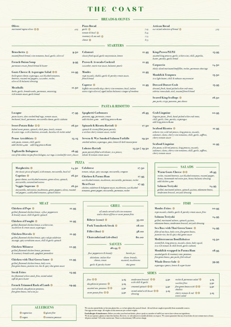 Menu - The Coast - Heswall