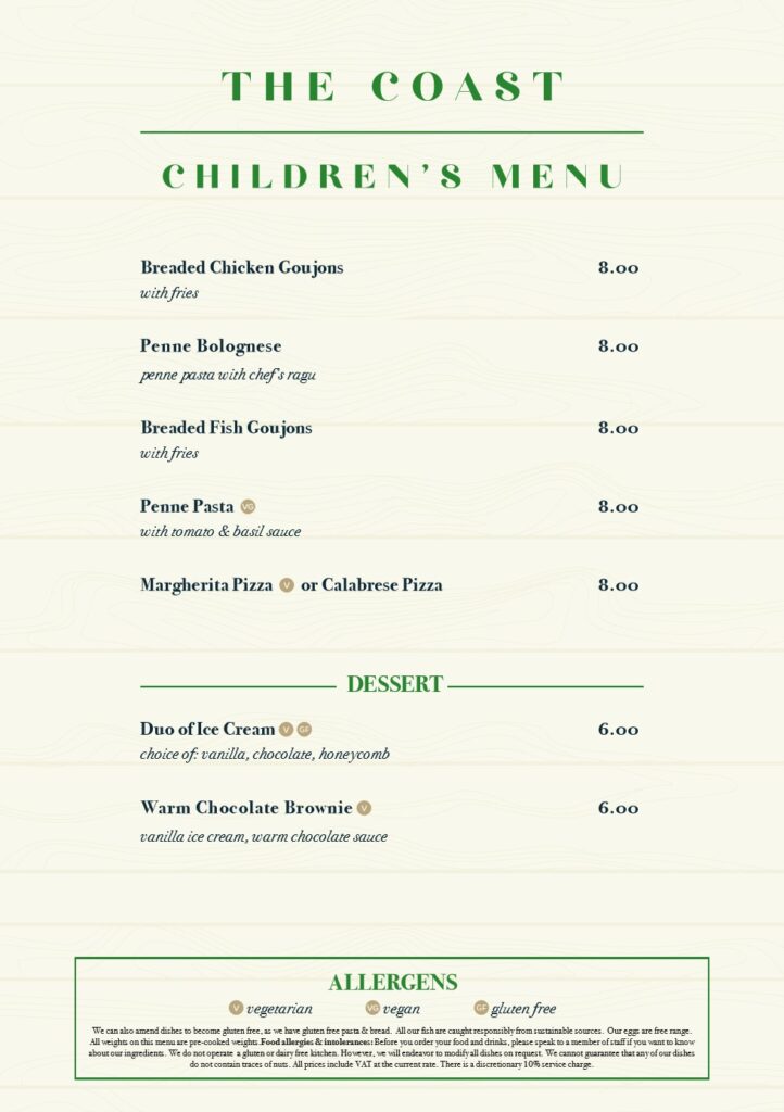 Menu - The Coast - Heswall