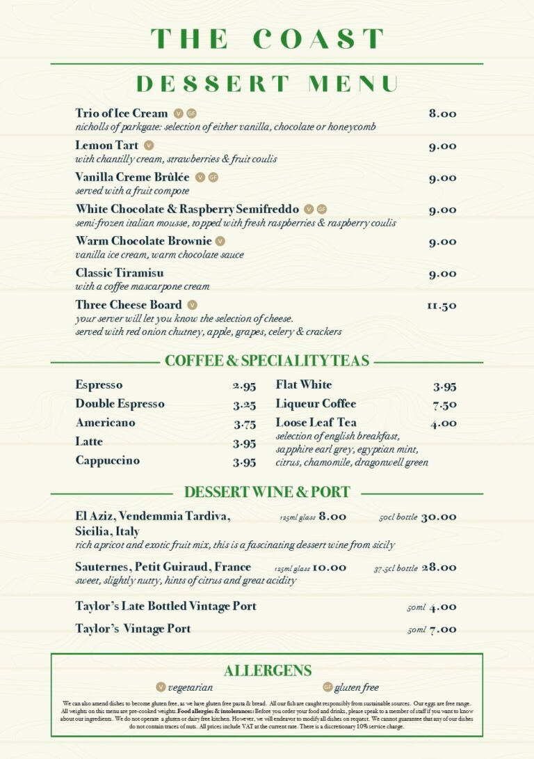 Menu - The Coast - Heswall