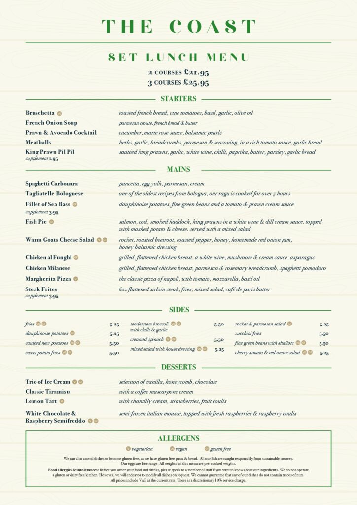 Menu - The Coast - Heswall