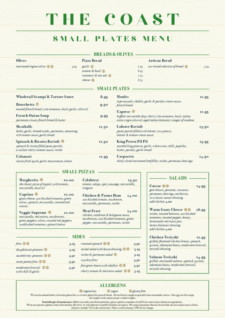 Menu - The Coast - Heswall